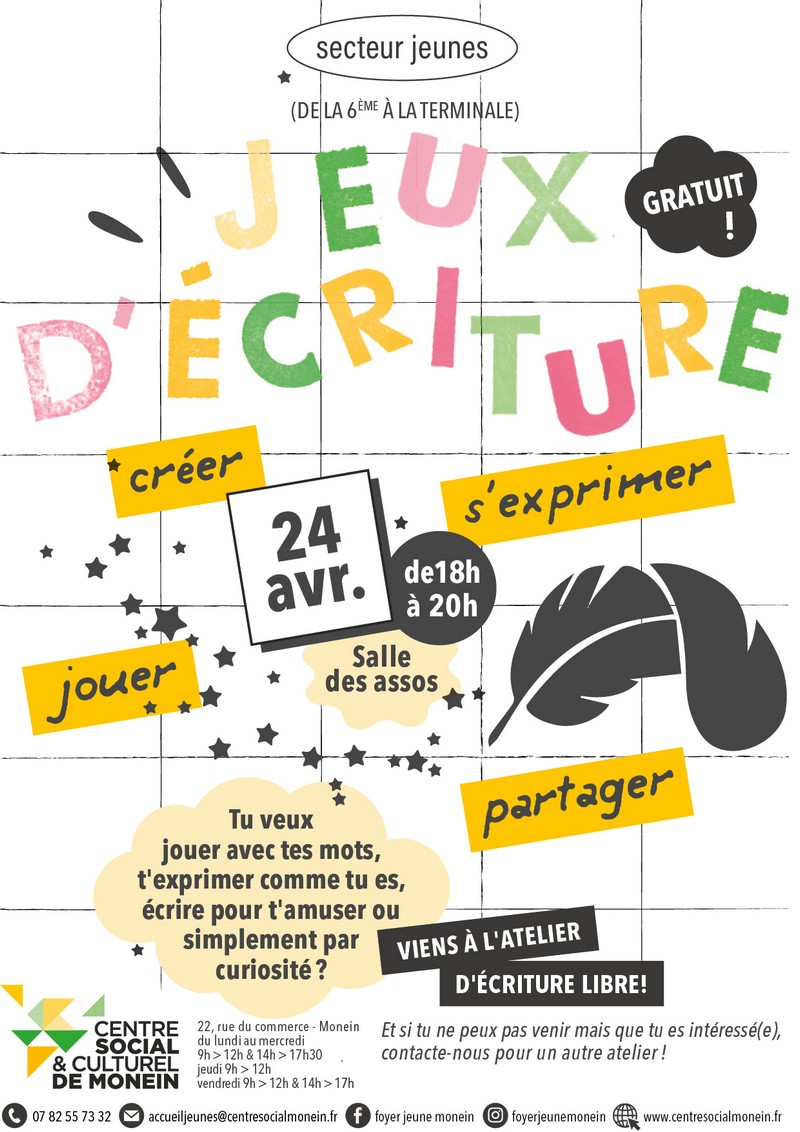 Atelier : Jeux d'écriture en MONEIN (64) | Eventos